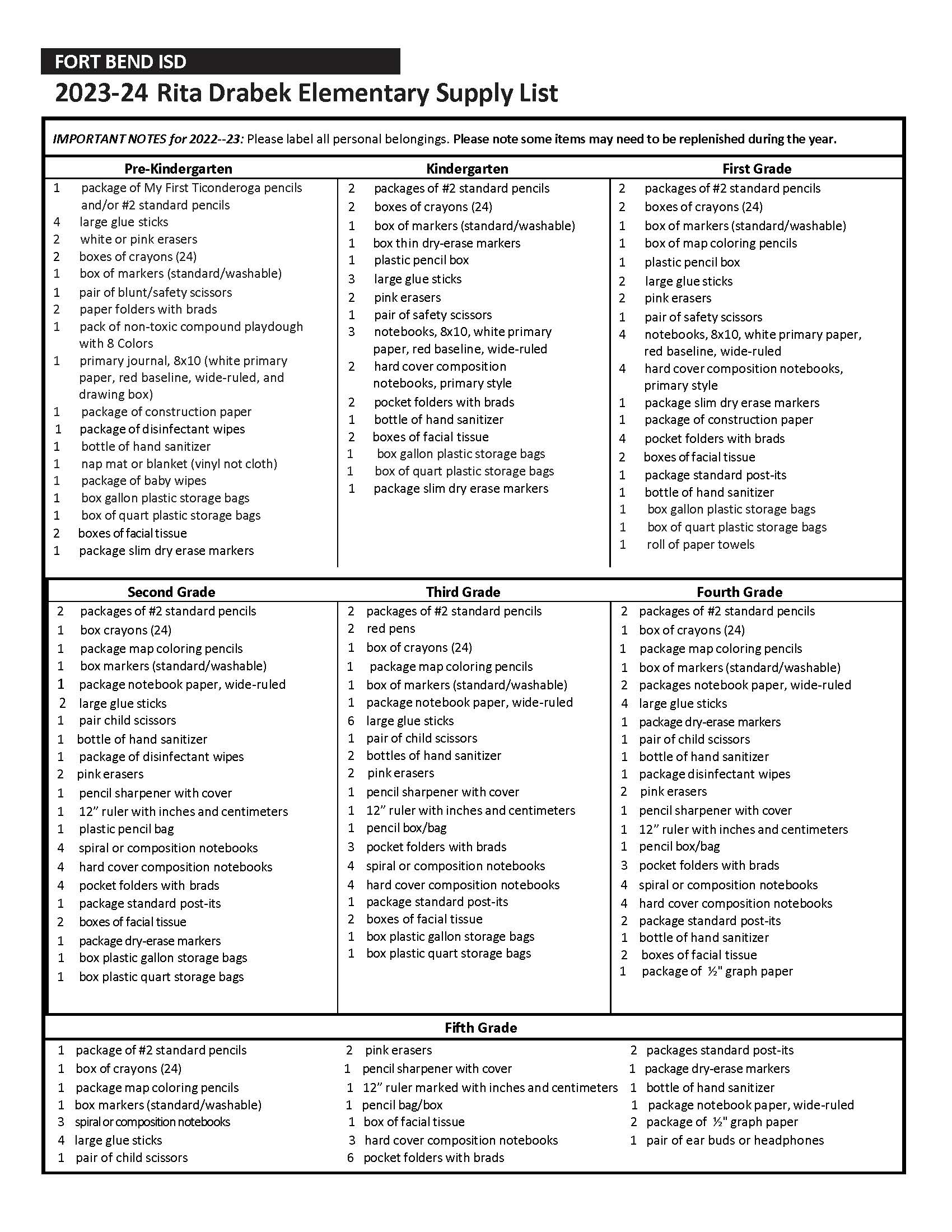 2023-24 RDE School Supply List